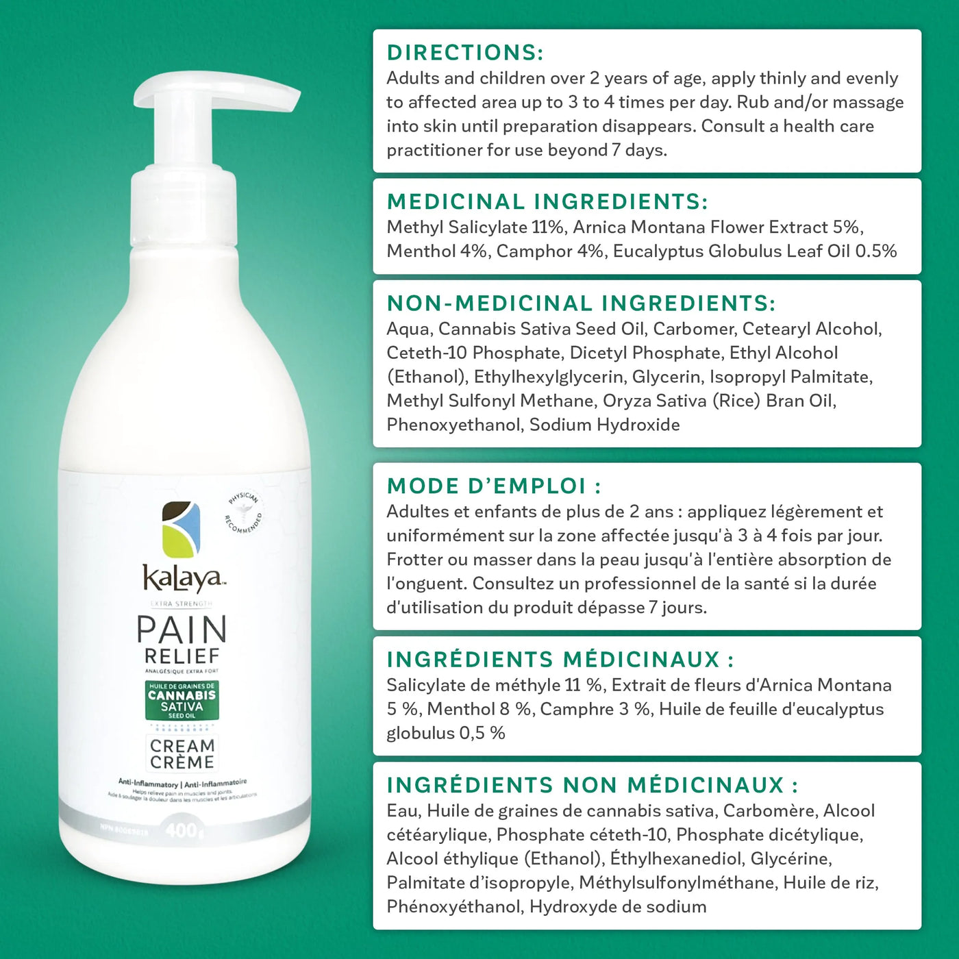 KaLaya Extra Strength Pain Relief with Cannabis Sativa Seed Oil (400 gr)